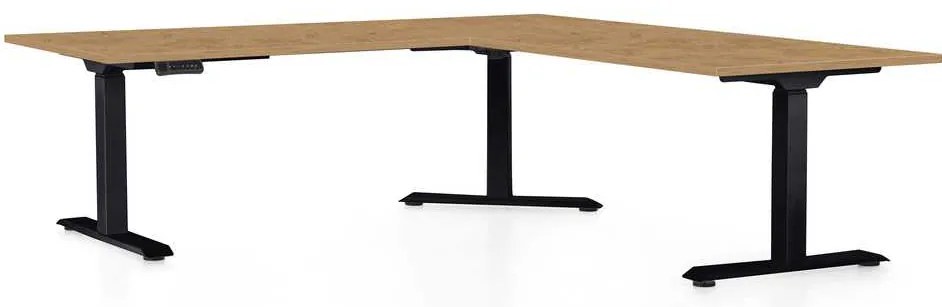 Výškově nastavitelný stůl OfficeTech Angle, 180 x 200 cm, černá podnož, dub kamenný