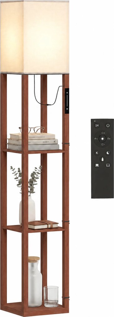 HOMCOM stojací lampa se 3 policemi a stmívatelnou LED, hnědá