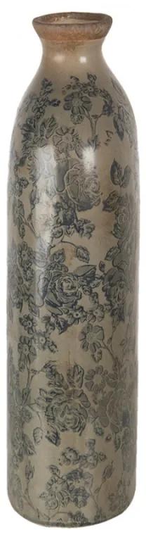 Hnědá keramická váza s modrým potiskem a popraskáním L – 16x9x36 cm