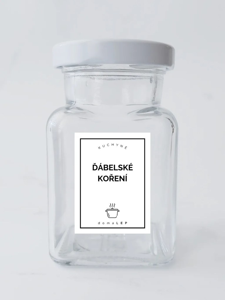 Samolepka na kořenky ĎÁBELSKÉ KOŘENÍ bílá 3 × 4 cm tučné písmo