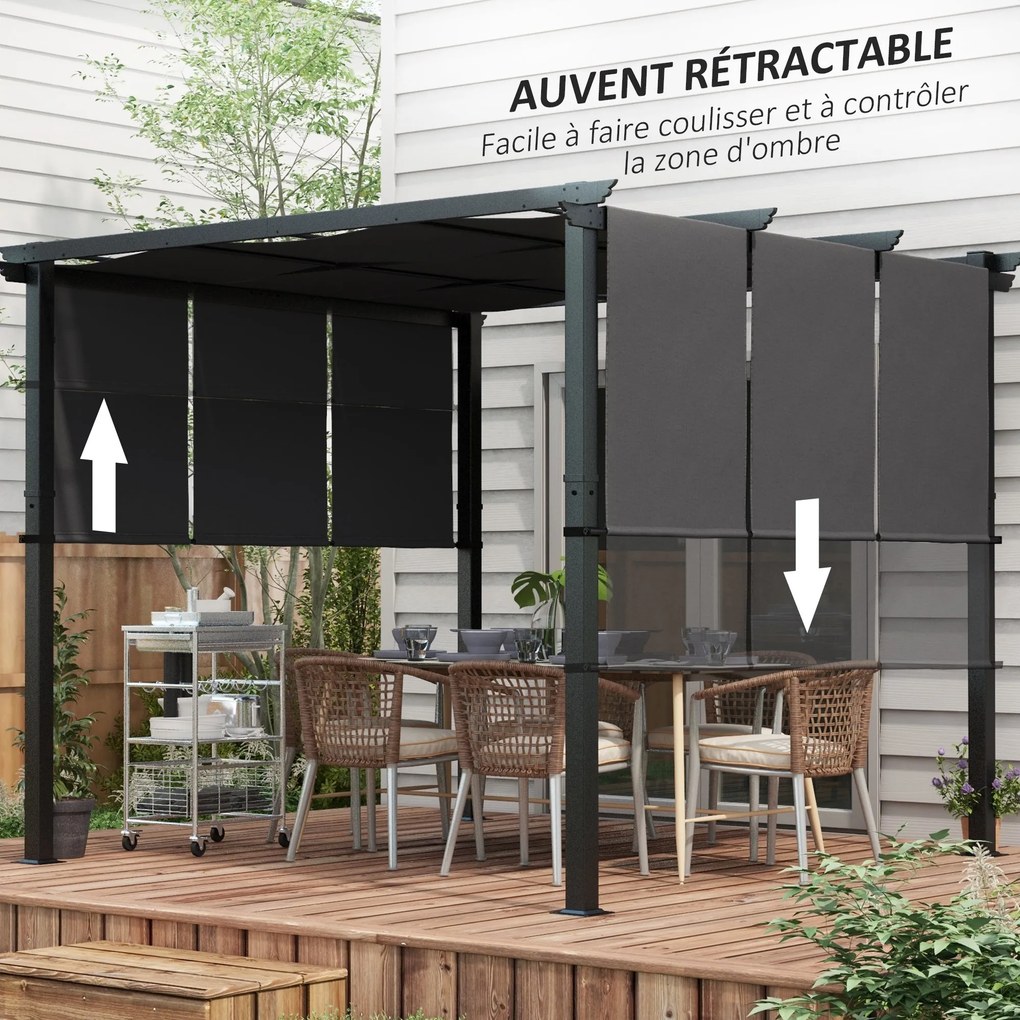 Outsunny Pergola se 3 posuvnými markýzami 3 x 3 m ocelová konstrukce s markýzou z polyesteru vysoké hustoty Tmavě šedá | Aosom