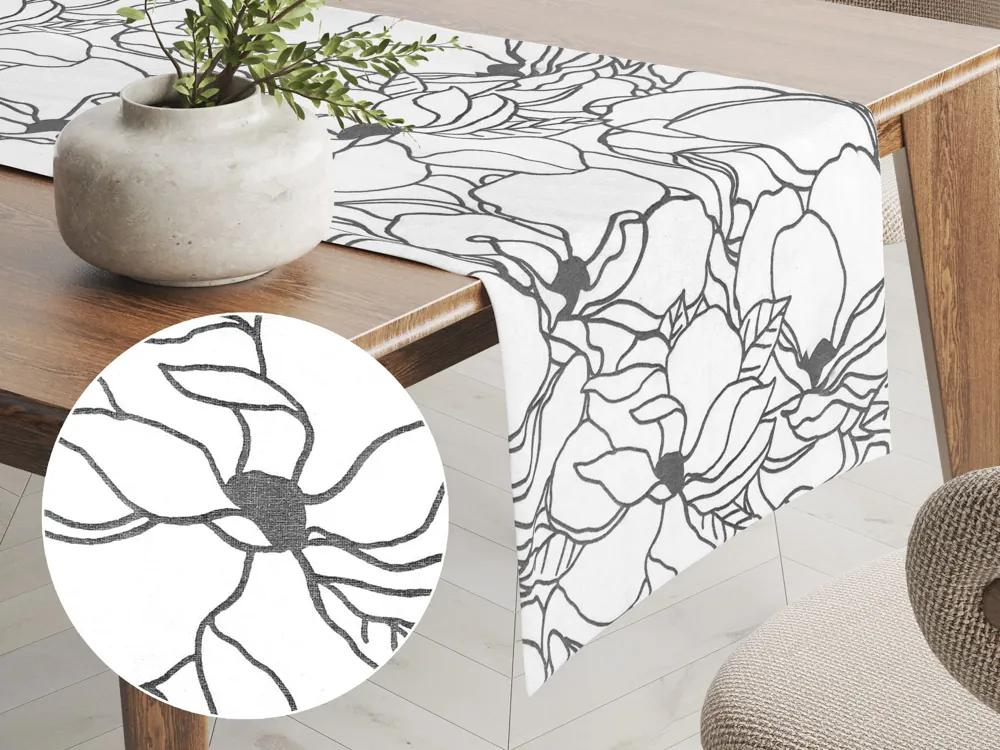 Biante Bavlněný běhoun na stůl Sandra SA-271 Šedé designové květiny na bílém 20x140 cm