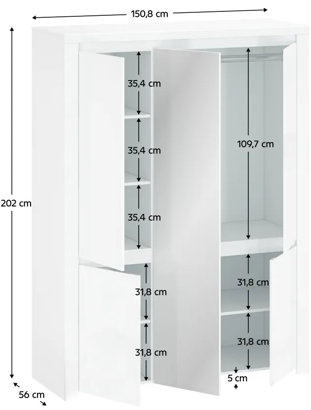 Kondela Skříň 5D se zrcadlem, bílý lesk, LINDY