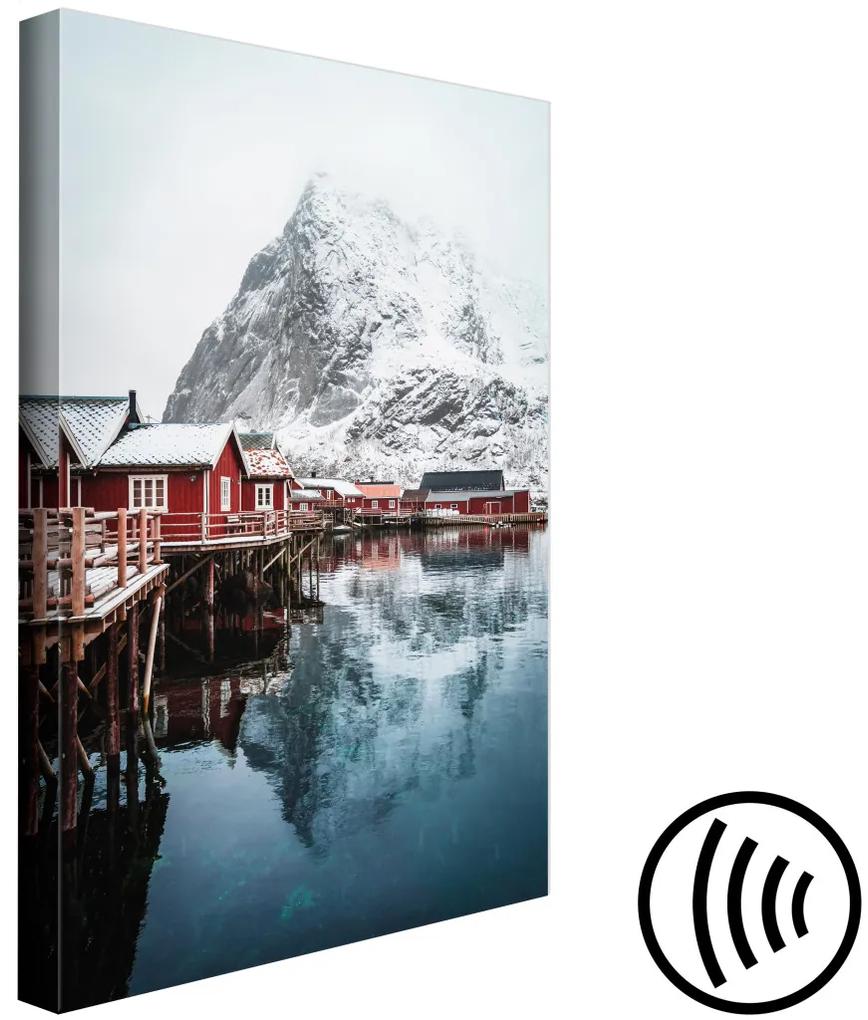 Obraz Sněžné chatky (1-dílný) svislý - voda proti horské krajiny