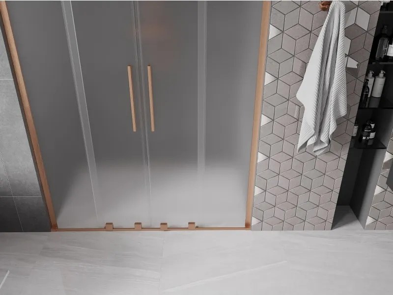 Mexen Velar L Duo, posuvné sprchové dveře do otvoru 160 cm, 8mm sklo námraza, měděná matná, 871-160-003-32-65