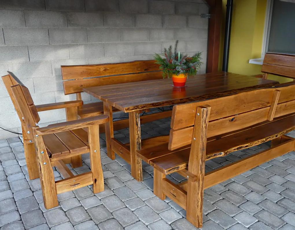 KULHÁNEK Zahradní dubová sestava - stůl, 2x lavice s opěradlem, 2x křeslo (rustikální provedení) Délka: 200 cm, Odstín nátěru: olej - teak