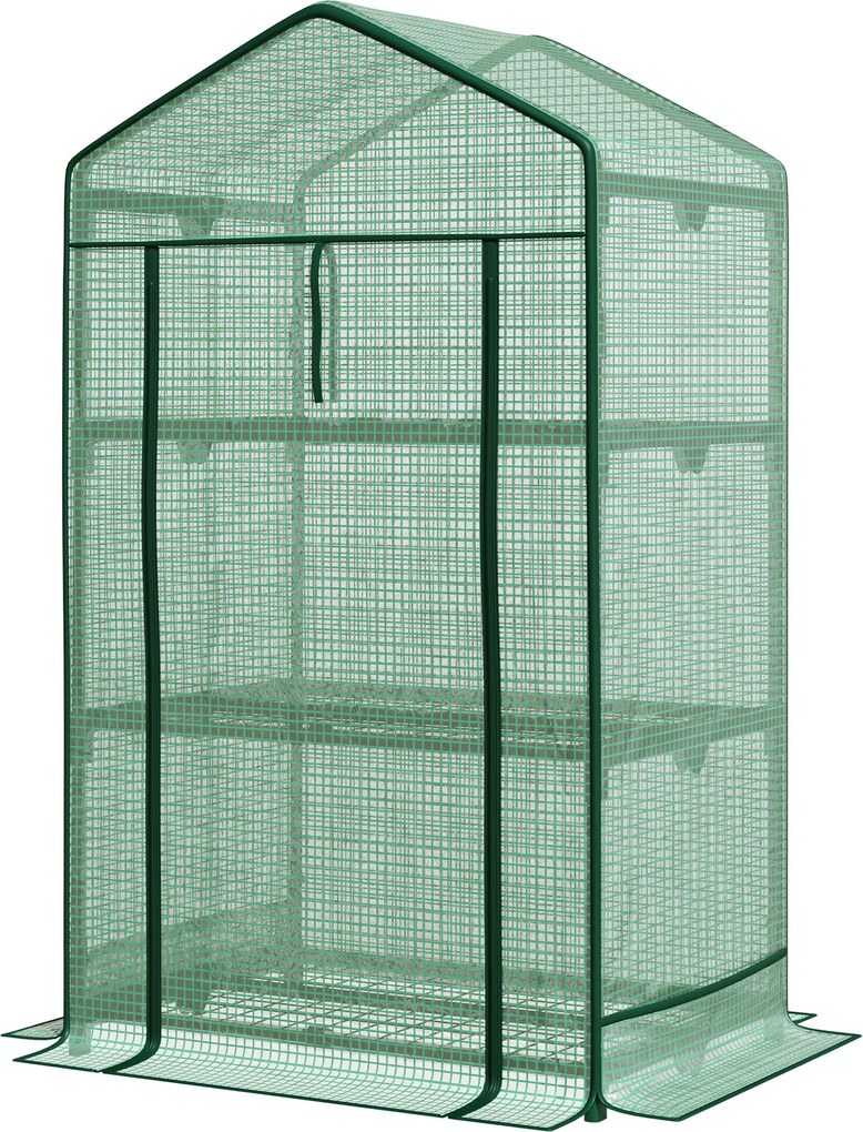 Mini skleník Outsunny s fóliovým krytem a 3 policemi, rolovací dvířka, zeleninový záhon v zelené barvě 69 x 49 x 125 cm pro milovníky zahrady