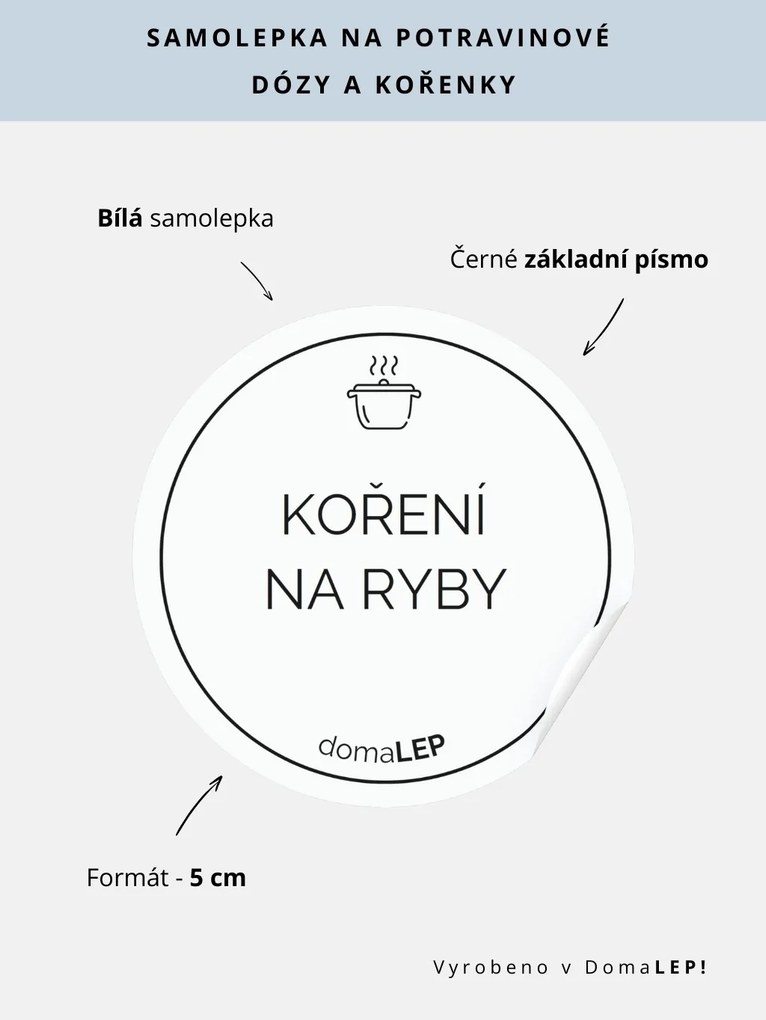 Samolepka na kořenky KOŘENÍ NA RYBY bílá 5 cm základní písmo