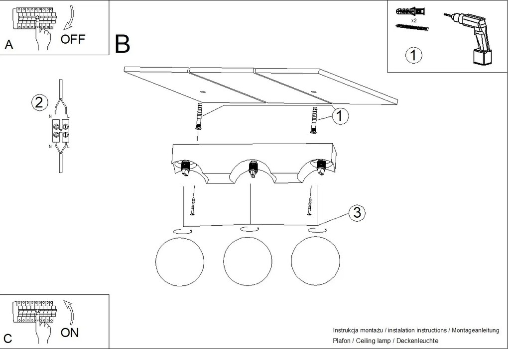 Stropní svítidlo Bulbo, 3x bílé skleněné stínítko, dřevo