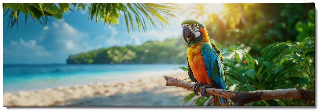 Obraz na plátně - Papoušek Ara hlídkuje na pláži FeelHappy.cz Velikost obrazu: 180 x 60 cm