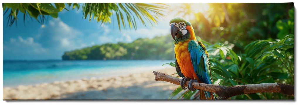 Obraz na plátně - Papoušek Ara hlídkuje na pláži FeelHappy.cz Velikost obrazu: 210 x 70 cm