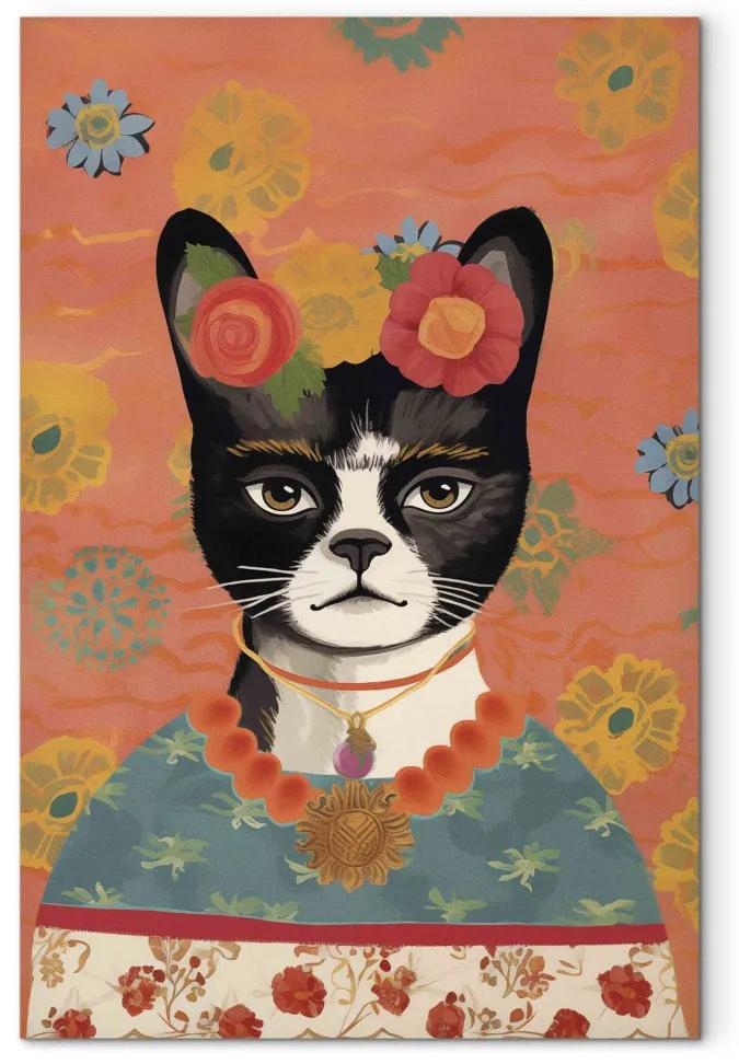 Obraz Zvířecí portrét - kočka s květinami inspirovaný Fridiným obrazem