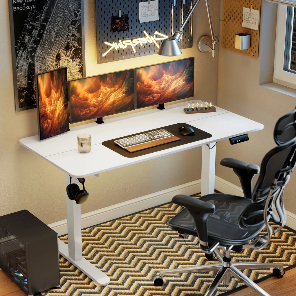 Vinsetto Výškově nastavitelný stůl 140x70cm Elektrický počítačový stůl 4 Paměť Ergonomické sedadlo Stojící stůl Háček proti kolizi Bílý