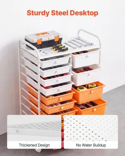 Pojízdný vozík se zásuvkami, Dvouřadý úložný organizér s 15 zásuvkami VEVOR – Bílá, Oranžová, Červená