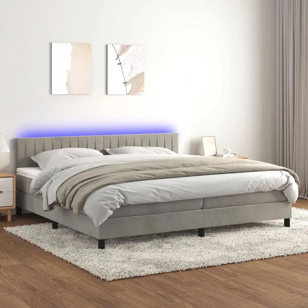Box spring postel s matrací a LED světle šedá 200x200 cm samet,  3134543