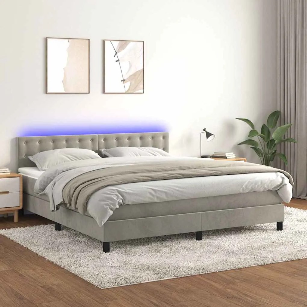 Box spring postel s matrací a LED světle šedá 160x200 cm samet 3134651