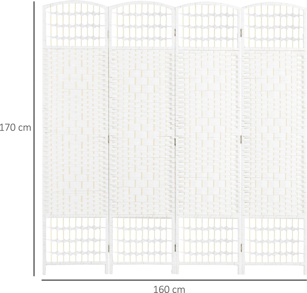 HOMCOM Skládací Předěl s 4 Panely 160x170 cm, S Rámem z Dřeva a Papírovým Provázkem pro Ložnici a Obývací Pokoj - Bílá