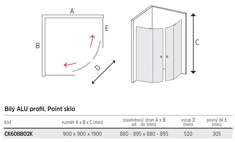Mereo Lima sprchový kout čtvrkruhový 90 x 90 x 190 cm R550 sklo Point ALU bílý CK608B02K