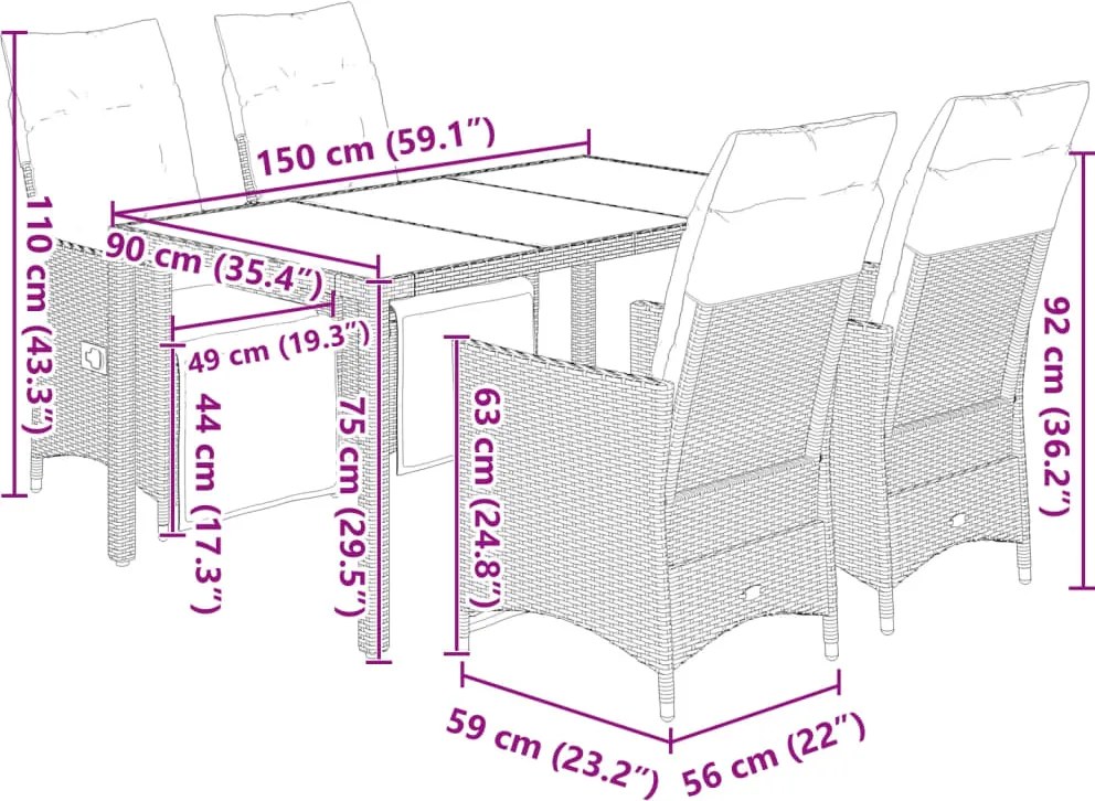 5dílný zahradní bistro set s poduškami černý polyratan 3276961