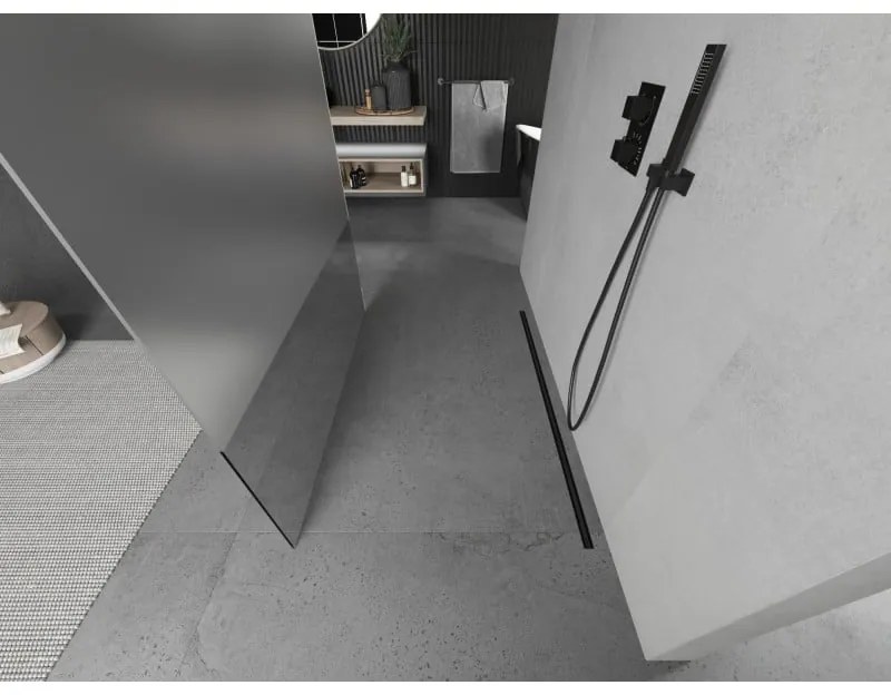 Mexen Kioto, průchozí sprchová zástěna 100 x 200 cm, 8mm čiré sklo/námraza, 2x černá stabilizační rozpěra, 800-100-002-70-35