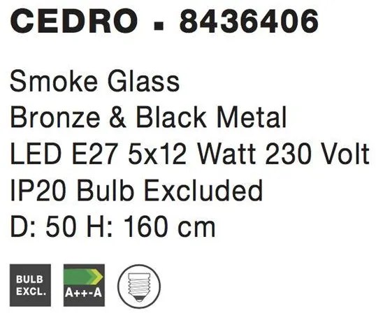 Nova Luce Závěsné svítidlo CEDRO kouřové sklo Bronz a černý kov E27 5x12W