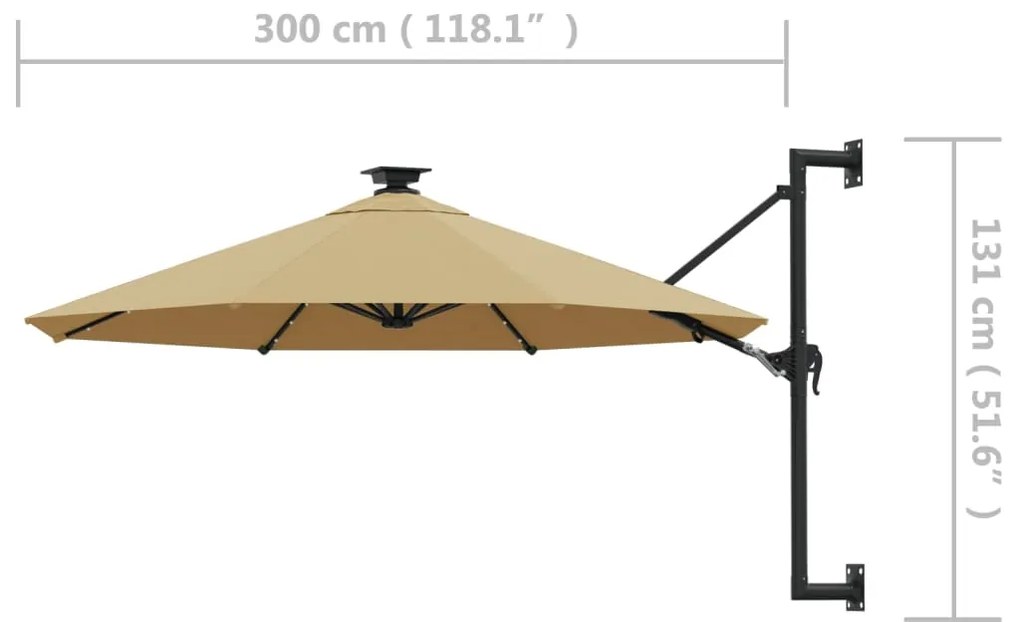 vidaXL Nástěnný slunečník s LED světly a kovovou tyčí 300 cm taupe