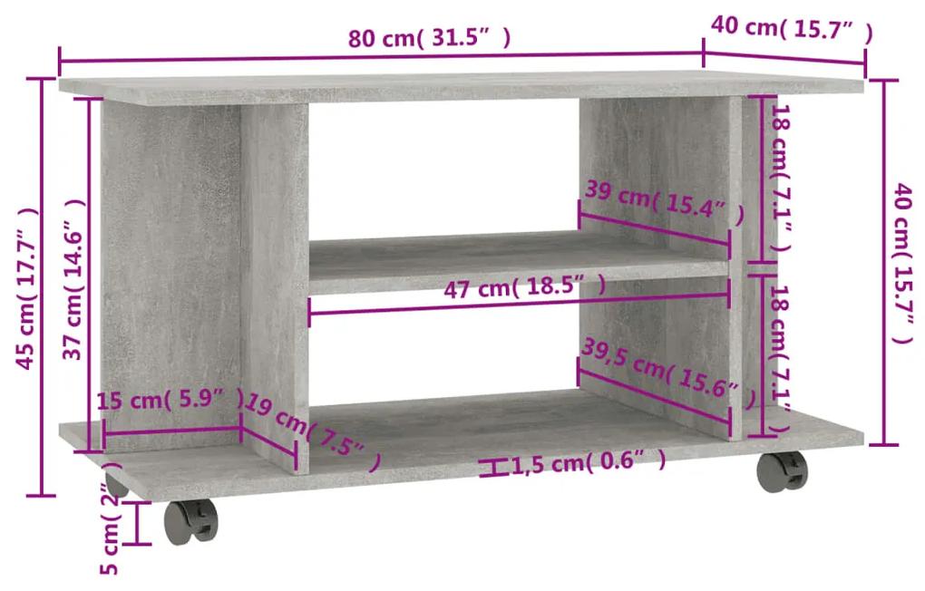vidaXL TV stolek s kolečky betonově šedý 80 x 40 x 40 cm dřevotříska