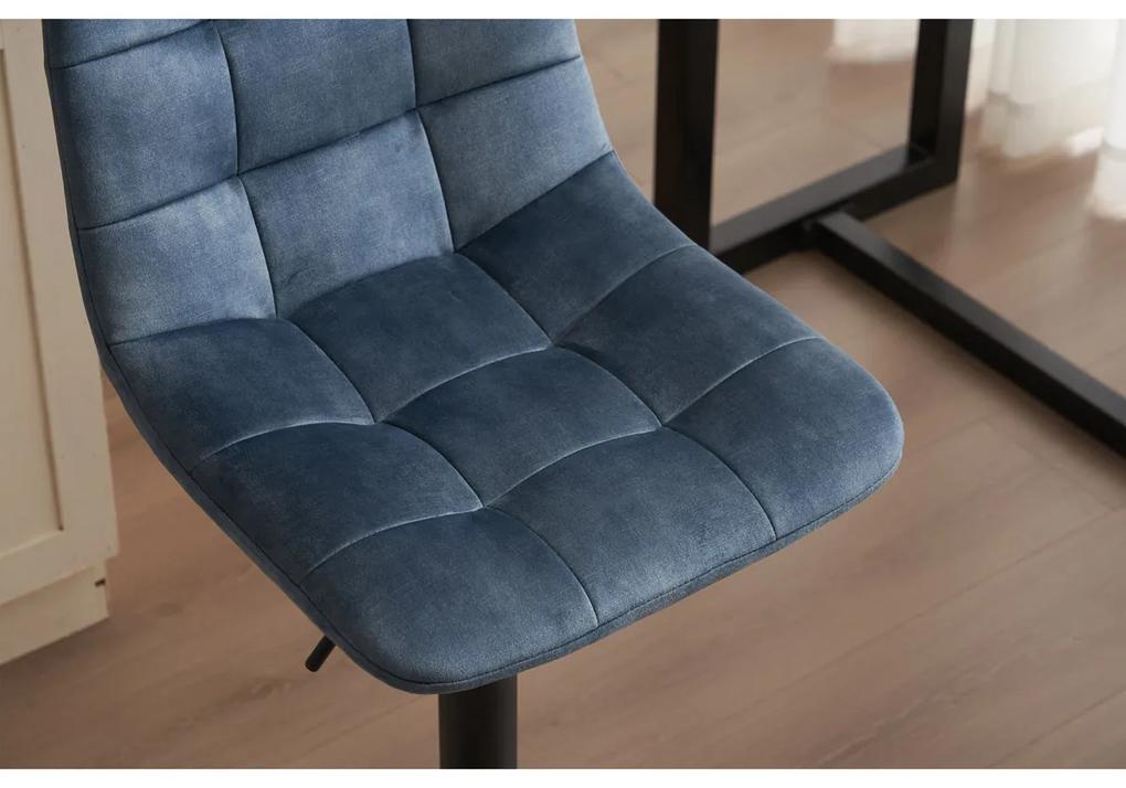 Židle barová, modrá sametová látka, černá podnož