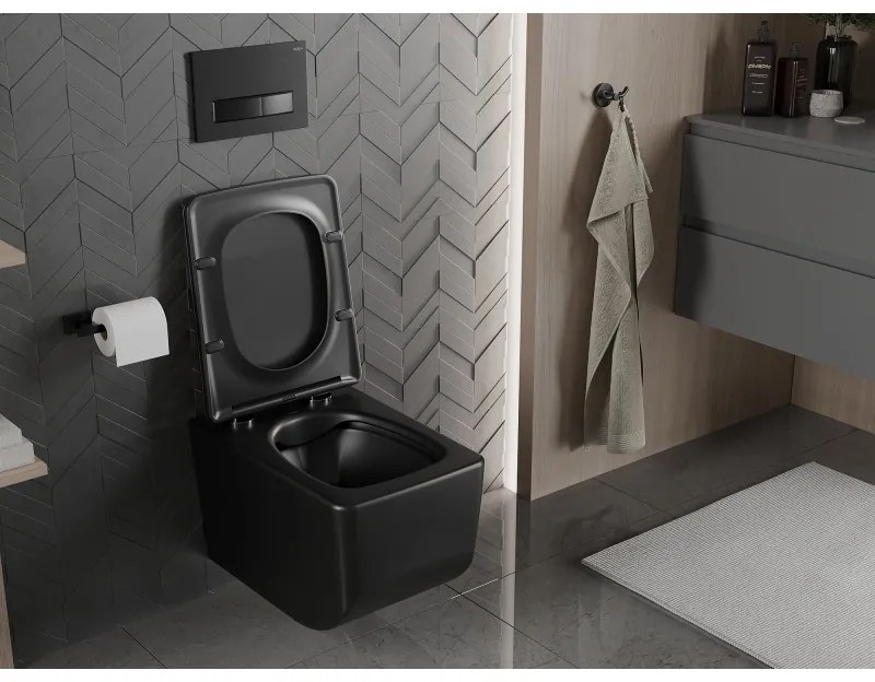 Mexen Vera, závěsné WC Rimless 51 x 36 cm s pomalu padajícím sedátkem z duroplastu, černá matná, 30164070