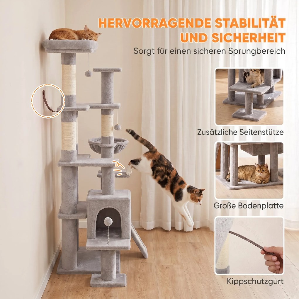 PawHut Škrabadlo velké, 152 cm vysoký kočičí strom se škrabacími sloupky, jeskyně 2 vstupy, 3 míčky, houpačka, 6 kg, světle šedá