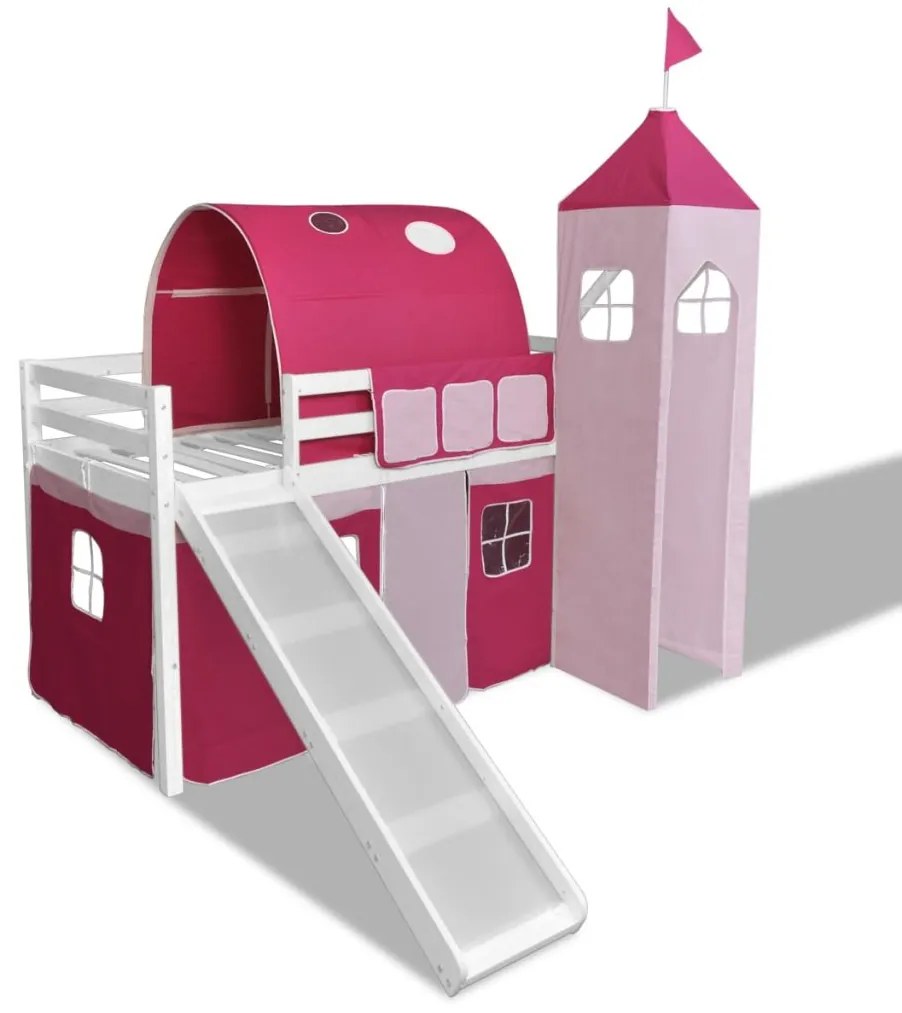 240701 vidaXL Vyvýšená postel se skluzavkou a žebříkem Růžový zámek bílý dřevěný rám