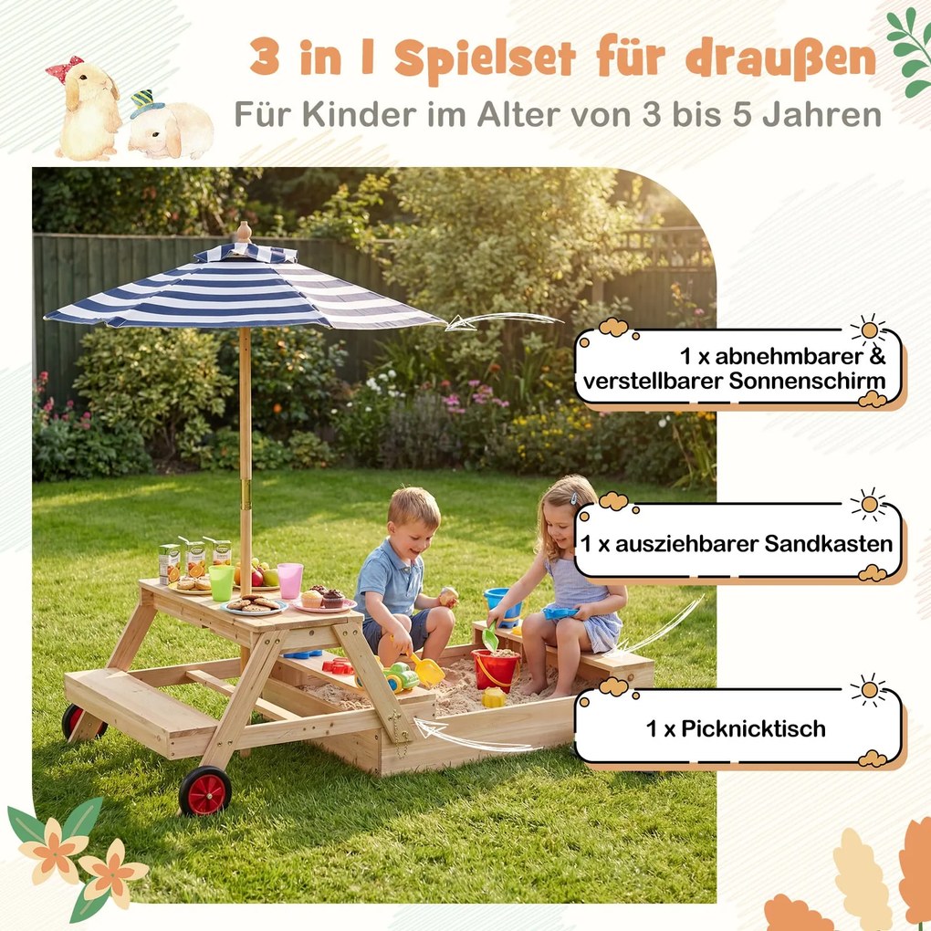 Costway Dětský piknikový stůl s pískovištěm a slunečníkem. Dřevěný