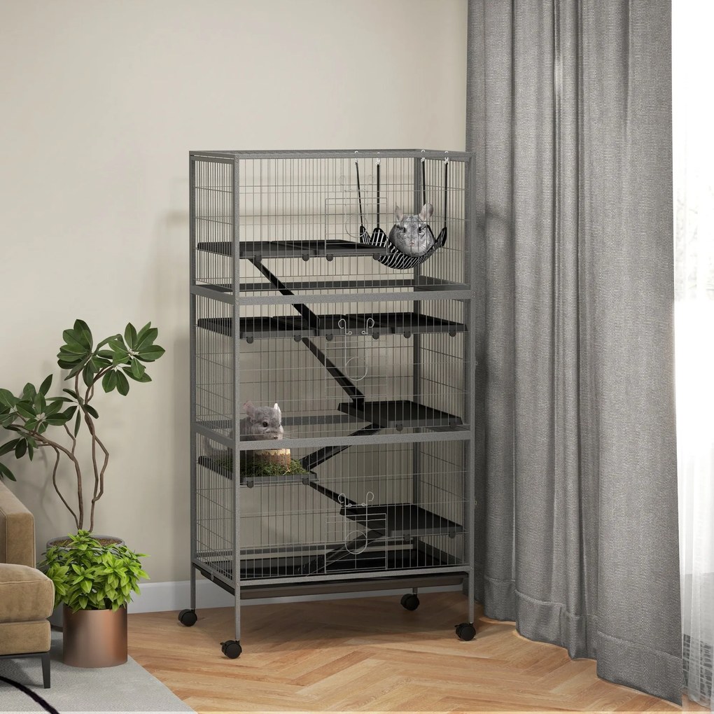 Pawhut Multifunkční klec pro hlodavce se 4 platformami, 3 rampami a 4 dvířky, rozměry 80L x 52W x 159H cm, šedá, stříbrná, černá, ocel