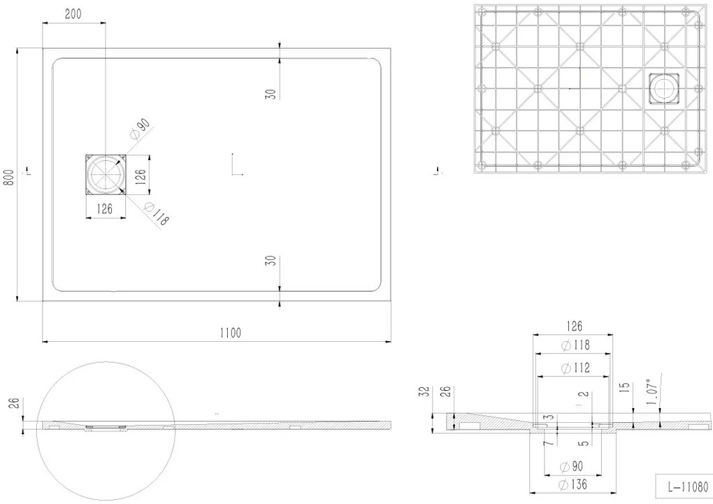 Erga Hyper, SMC sprchová vanička 110x80x2, 6 cm + sifon, bílá matná, ERG-V06-SMC-8011S-WH