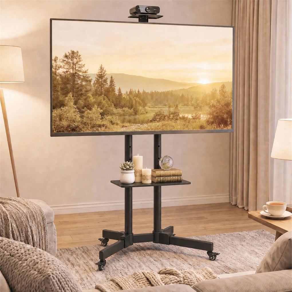 HOMCOM Mobilní TV stojan na kolečkách pro 32-75 palců, naklápěcí TV vozík, výškově nastavitelný, s brzdovými kolečky, černý