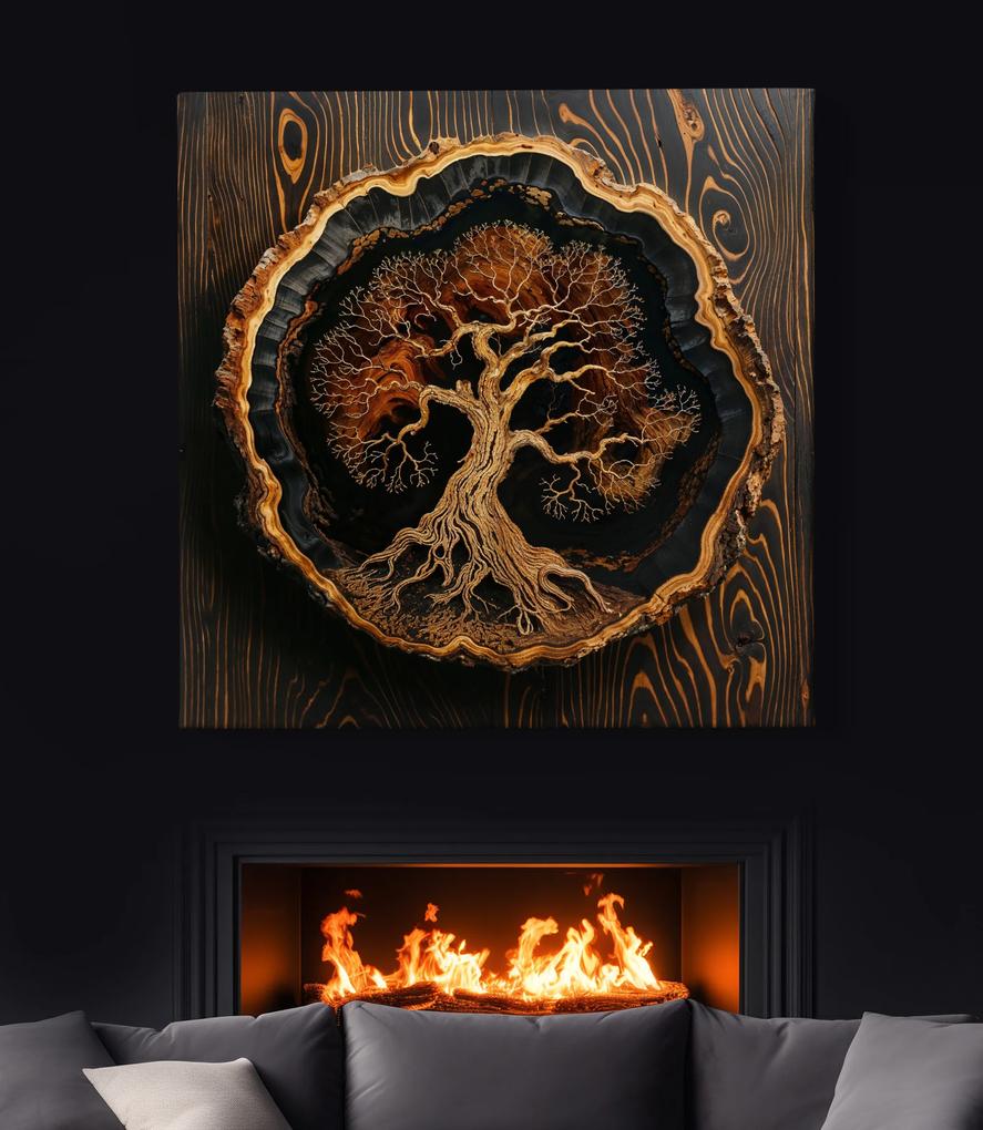 Obraz na plátně - Strom života Zlatý dotek, dřevo styl FeelHappy.cz Velikost obrazu: 100 x 100 cm