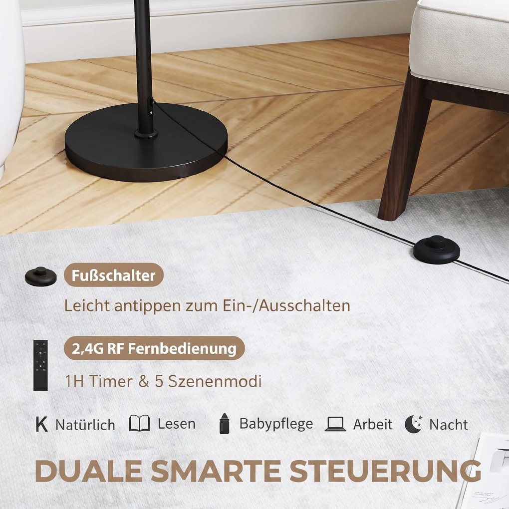 HOMCOM Stojací lampa s dálkovým ovládáním, výškově nastavitelná, látkové stínidlo, kovový stojan, nastavitelná jas, nožní spínač, černá