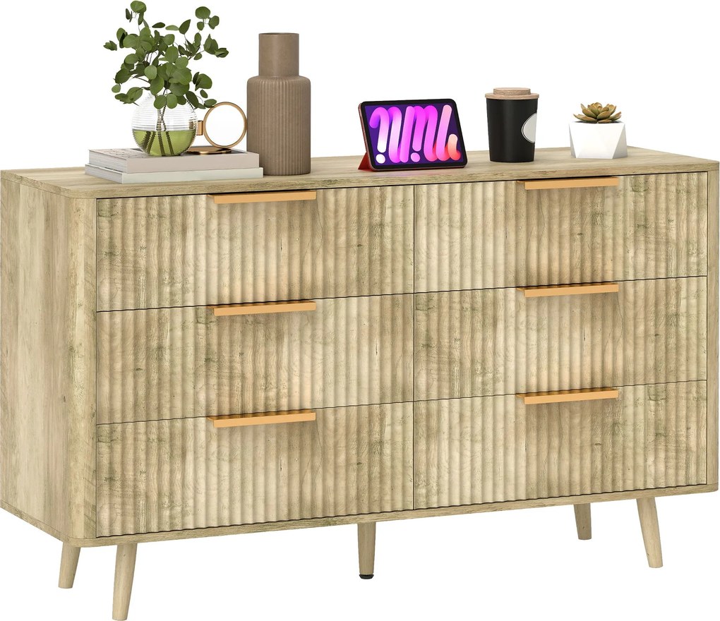 HOMCOM Komoda se 6 zásuvkami do ložnice s pruhovaným designem a dřevěnými nohami, příborník do obývacího pokoje a chodby 62x35x105 cm Dub | Aosom