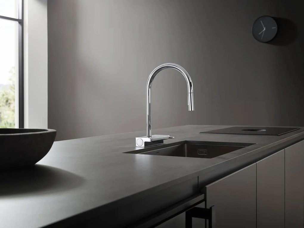 Hansgrohe M81, dřezová baterie Aquno Select s výsuvnou koncovkou a plochým sprchovým proudem, chromová, 73837000