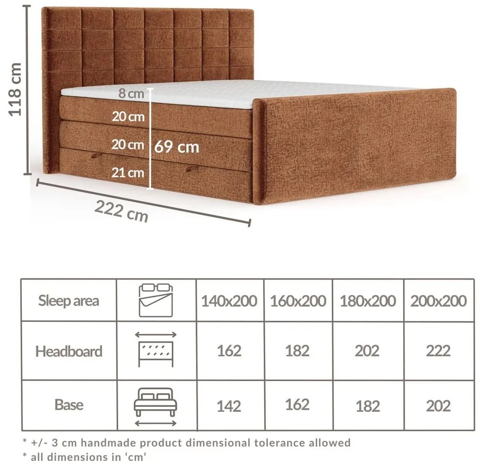 Oranžová boxspring postel s úložným prostorem 140x200 cm Ava – Maison de Rêve