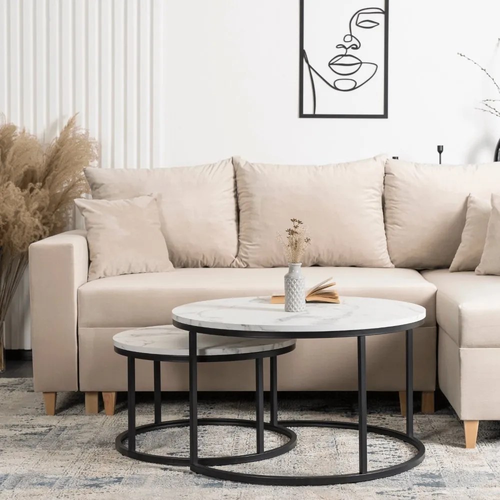 Mebel Elite Elegantní sada stolků DAFNE MAX, bílý mramor a černý kov Meble Elite