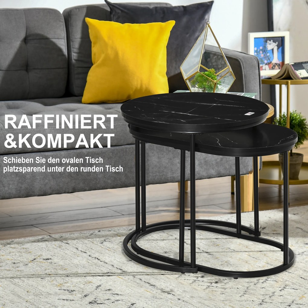HOMCOM sada 2 konferenčních stolků kulatý oválný stohovatelný do 30 kg Konferenční stolek z MDF a oceli černý Ø50 x 50 5H cm do obývacího pokoje