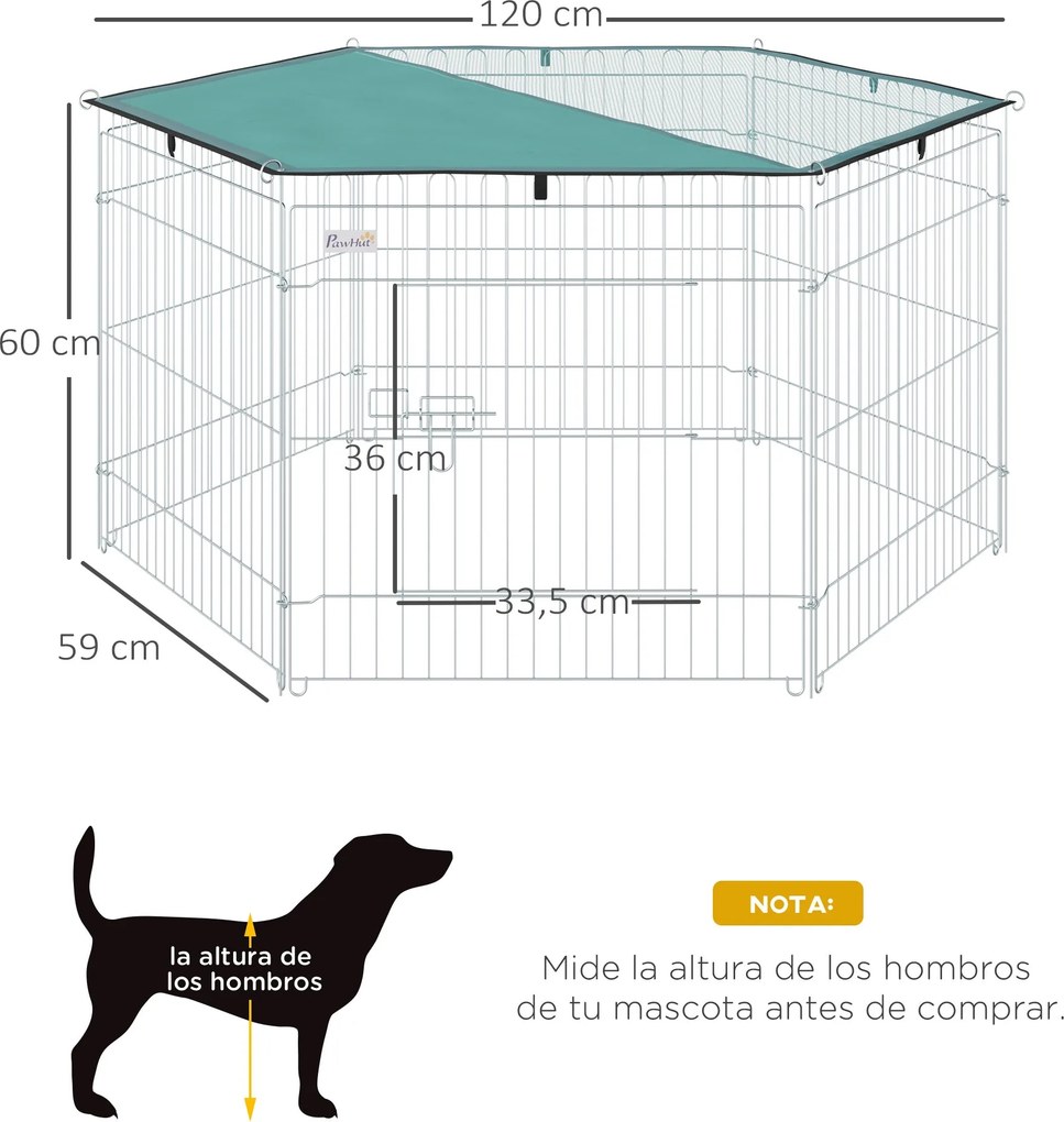 PawHut Ohrádka pro psy 6 panelů 59x60 cm Skládací kovový plot pro domácí mazlíčky s dveřmi a zámkem a stříškou pro zahradu a terasu