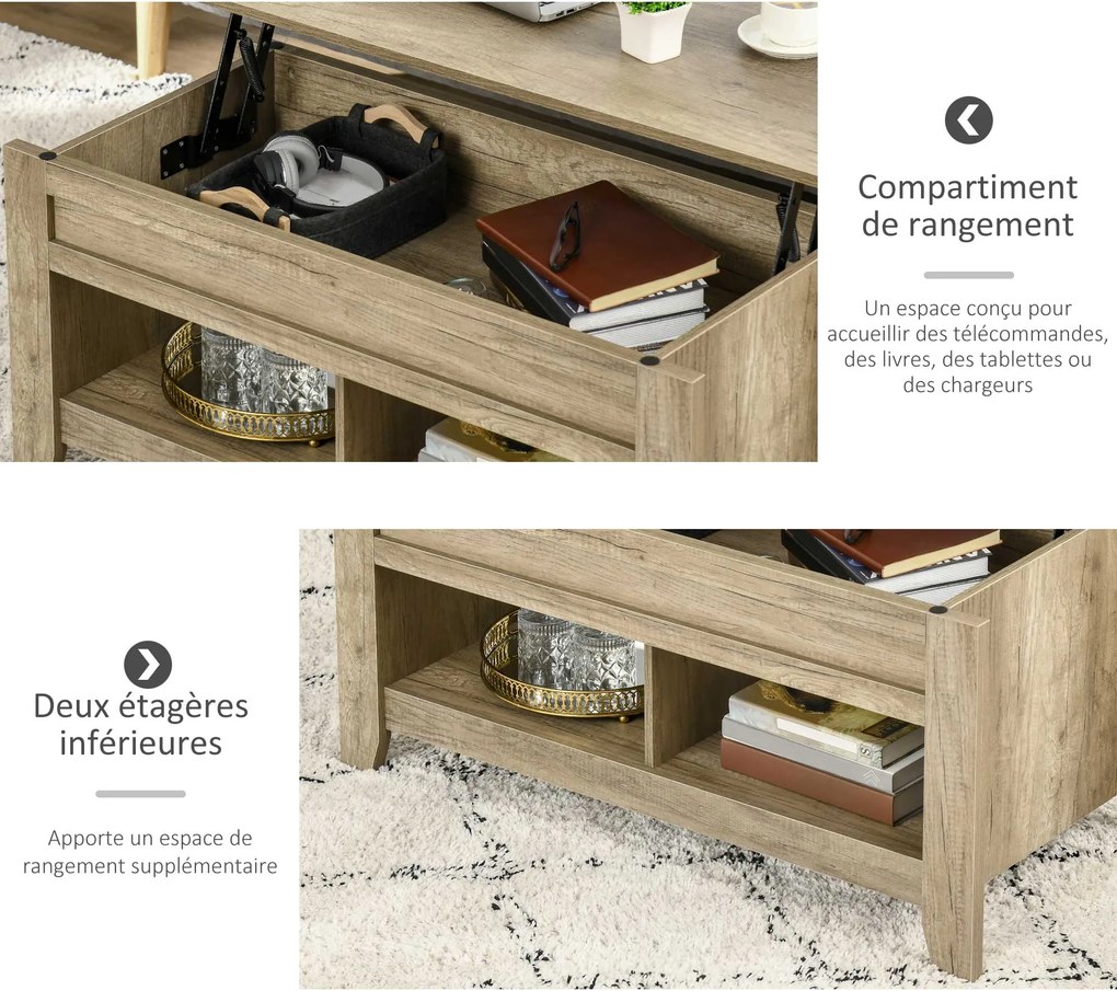 HOMCOM Zvedací Konferenční Stolek, Stolek do Obývacího Pokoje se Policemi a Skrytým Úložištěm, 105 x 50 x 49-62,5 cm do Obývacího Pokoje, Ložnice, Du…