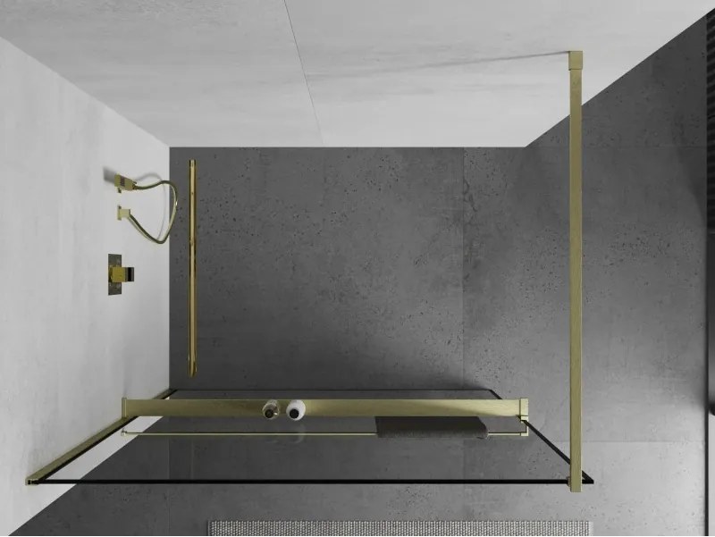 Mexen Kioto+, sprchová zástěna Walk-In s poličkou a věšákem 70 x 200 cm, 8mm čiré sklo černý vzor, ​​zlatý matný profil, 800-070-121-55-70