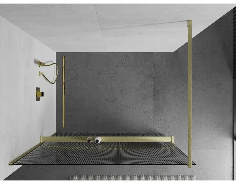 Mexen Kioto+, sprchová zástěna Walk-In s poličkou a věšákem 130 x 200 cm, 8mm sklo s žebrovým vzorem, zlatý matný profil, 800-130-121-55-09