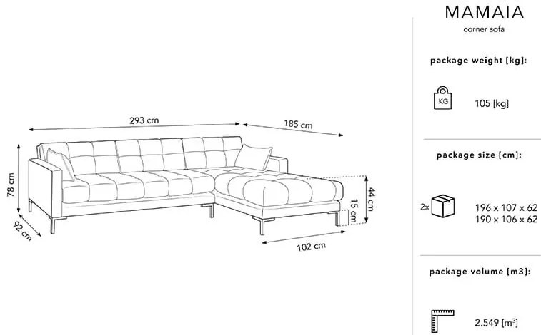 MUZZA Rohová pohovka mamaia pravá 293 cm samet šedá