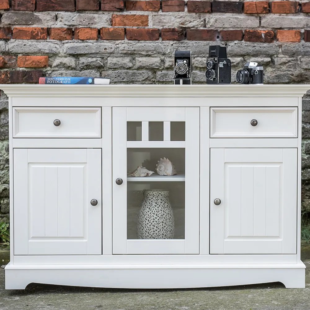 Massive home | Bílá komoda  z masivu Belluno Elegante 3D2S s bílou deskou