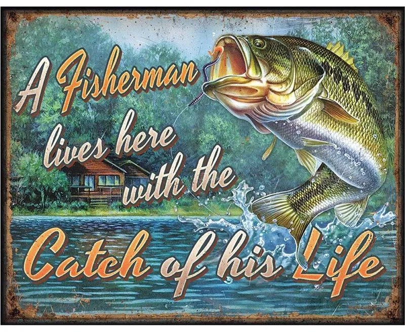 Plechová cedule Fishermans Catch 32 cm x 40 cm