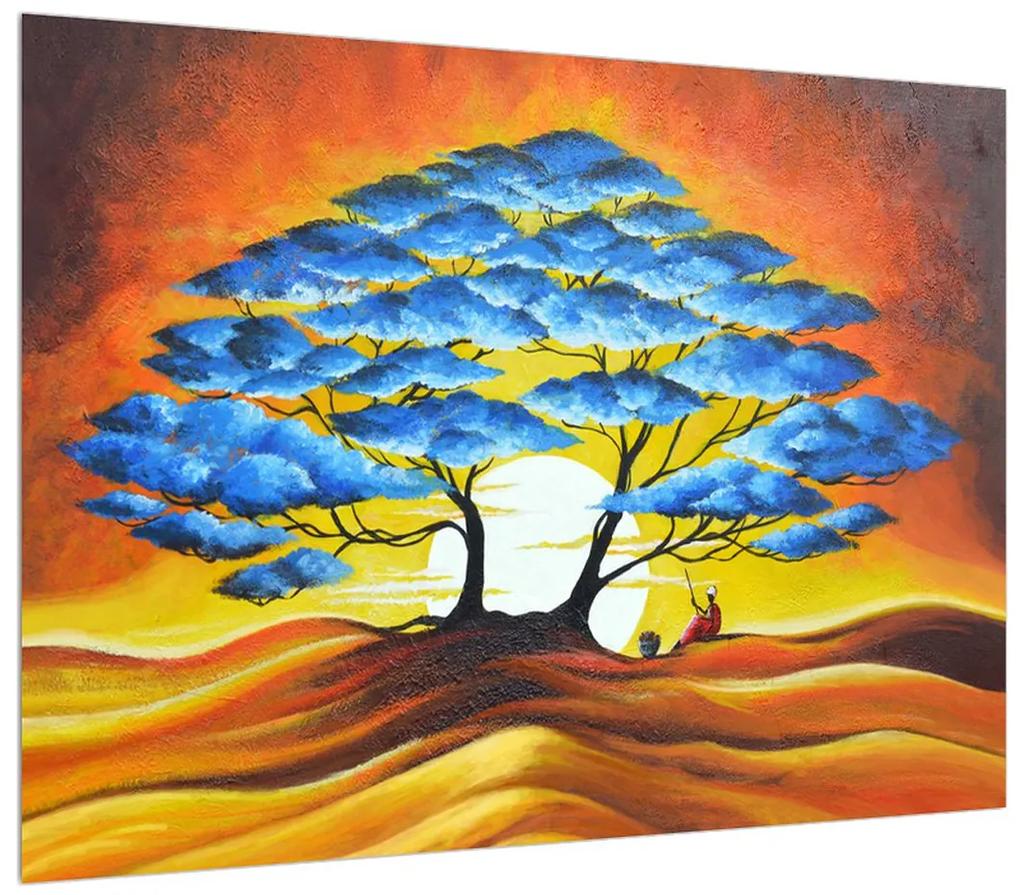 Orientální obraz modrého stromu a slunce (70x50 cm)